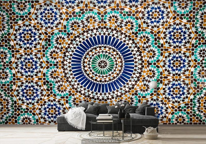 قیمت و خرید پوستر طرح کاشی‌کاری سنتی شمسه بزرگ با فرم های هندسی و رنگ