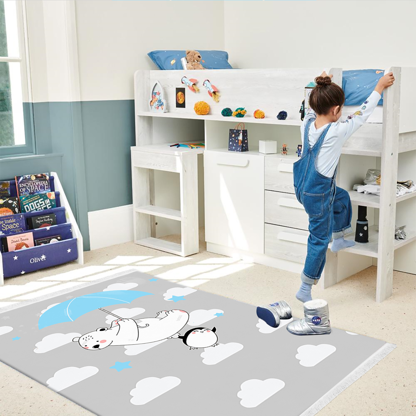 فرش چاپی طرح خرس و پنگوئن با چتر و زمینه ستاره و ابر BAs-5409 | چاپ دی ...